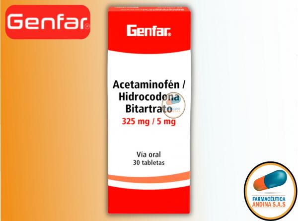 ACETAMINOFEN+HIDROCODONA BITARTRATO 325MG/5MG CAJA X 30 TABLETAS GENFAR