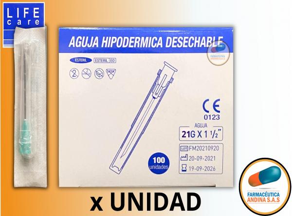 AGUJA HIPODERMICA 21G X 1 1/2 X UNIDAD LIFE CARE